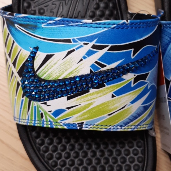 Nike | Shoes | New Custom Nike Benassi Sandals Blue Bling | Poshmark